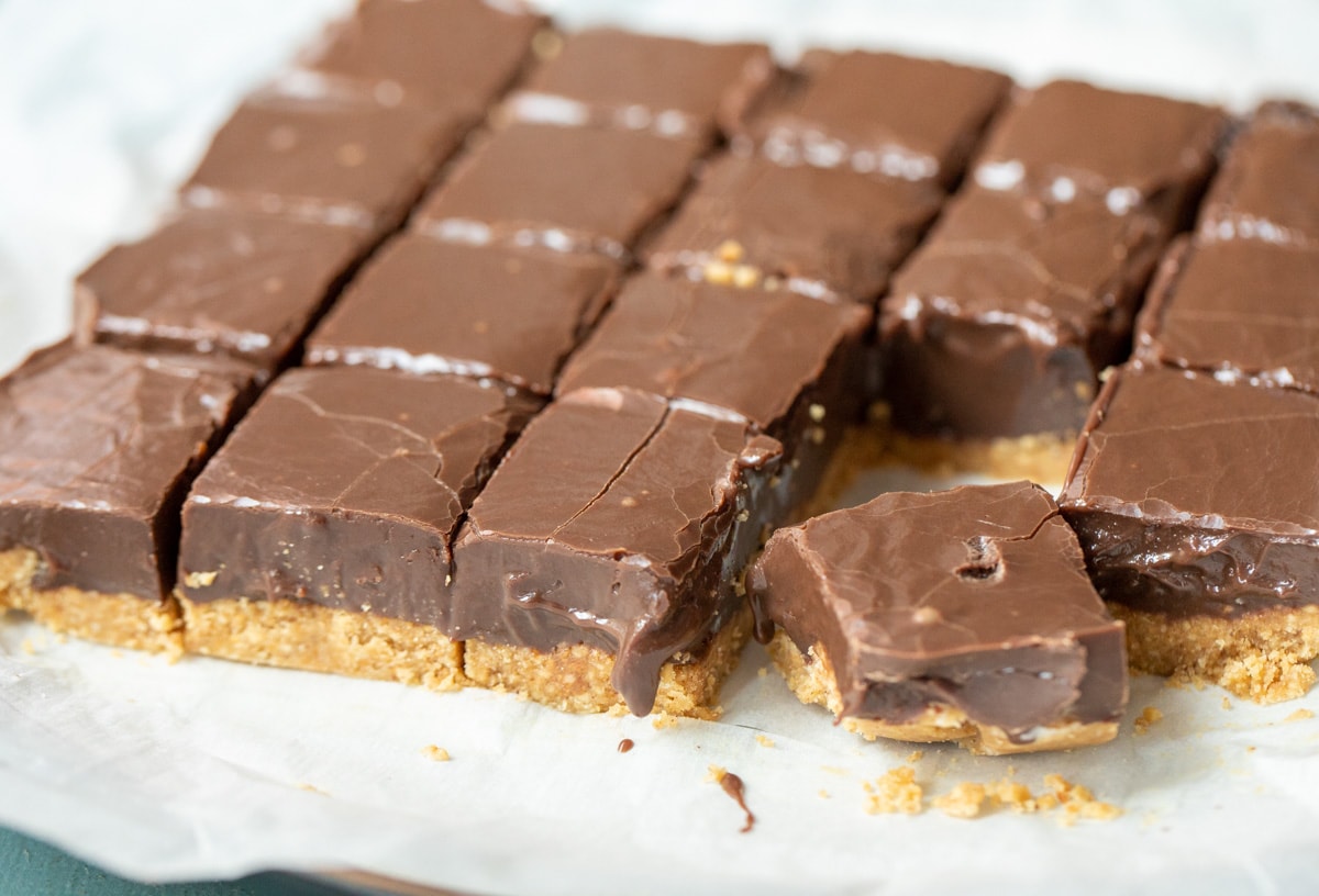 Easy Fudge Bars with Peanut Crust ~ Crunch Time Kitchen