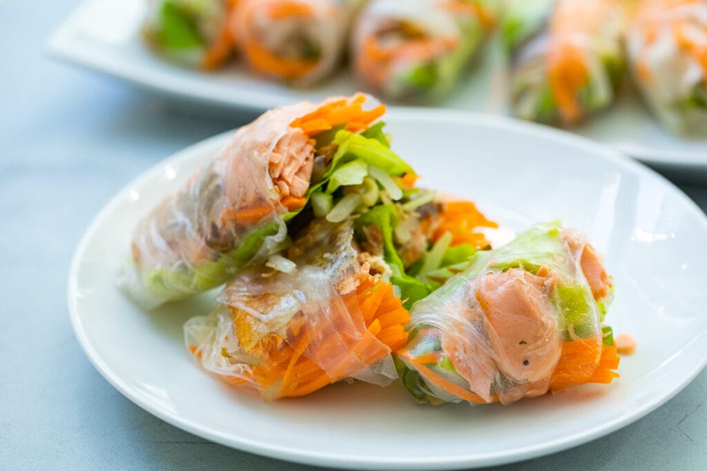 Salmon Spring Rolls with Spicy Peanut Dipping Sauce