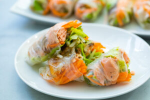 Salmon Spring Rolls with Spicy Peanut Dipping Sauce